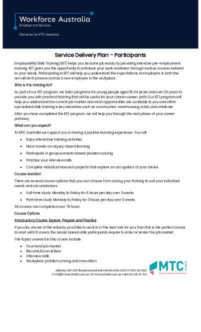 EST Service Delivery Plan - MTC Australia (Participant) - Department of Employment and Workplace ...